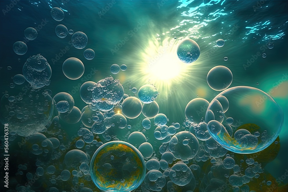 Bubbles in the water, a luminous sun, and a surface of bubbling water ...