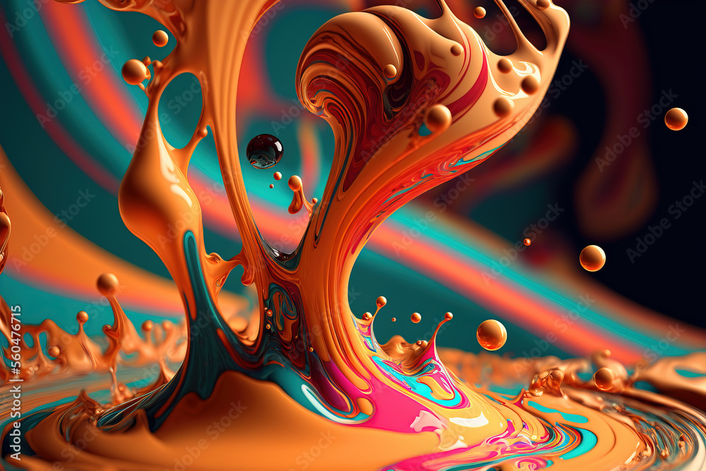 Abstract liquid colorful paint background with voluminous drops. Close ...