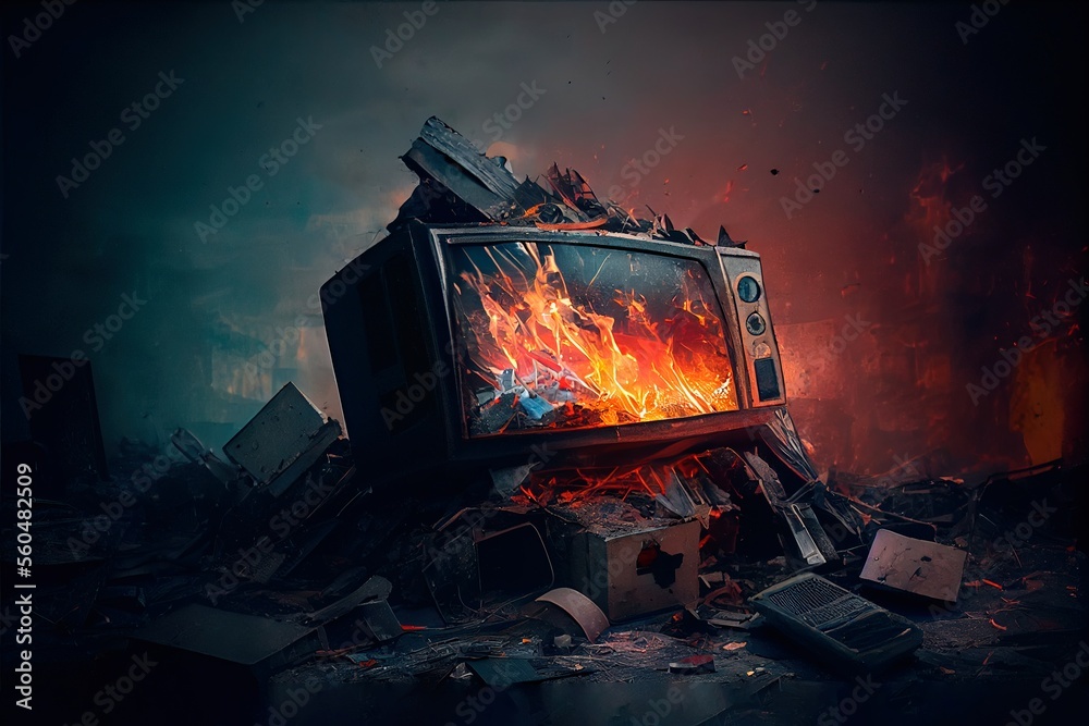 An old TV lying on the ruins of a house. A post-apocalyptic ruined city ...