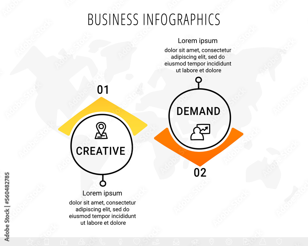 Vector business infographics template. Timeline with 2 circle, icon, arrow, steps, two number ...