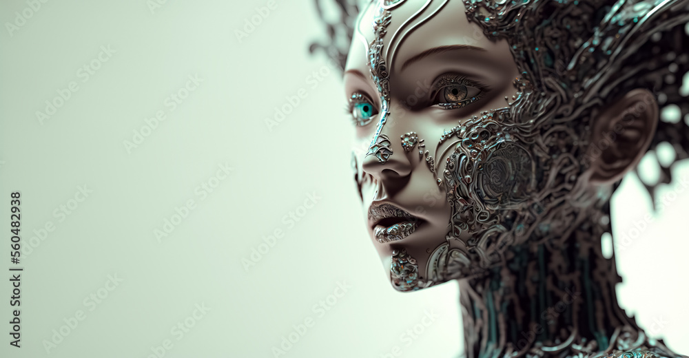 Portrait of a female cyborg robot. a humanoid cyber girl with a neural ...