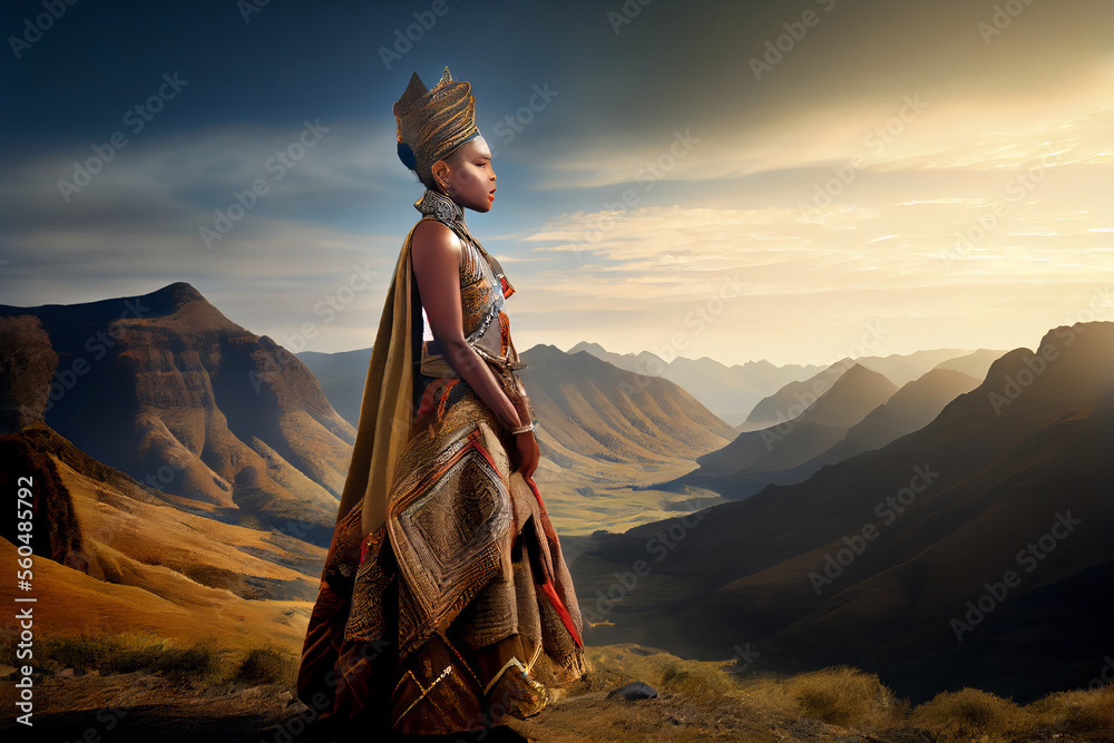 AI generated illustration of side view African queen in traditional ...