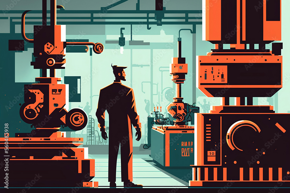 Generative AI comic style illustration of an engineer inside a factory ...
