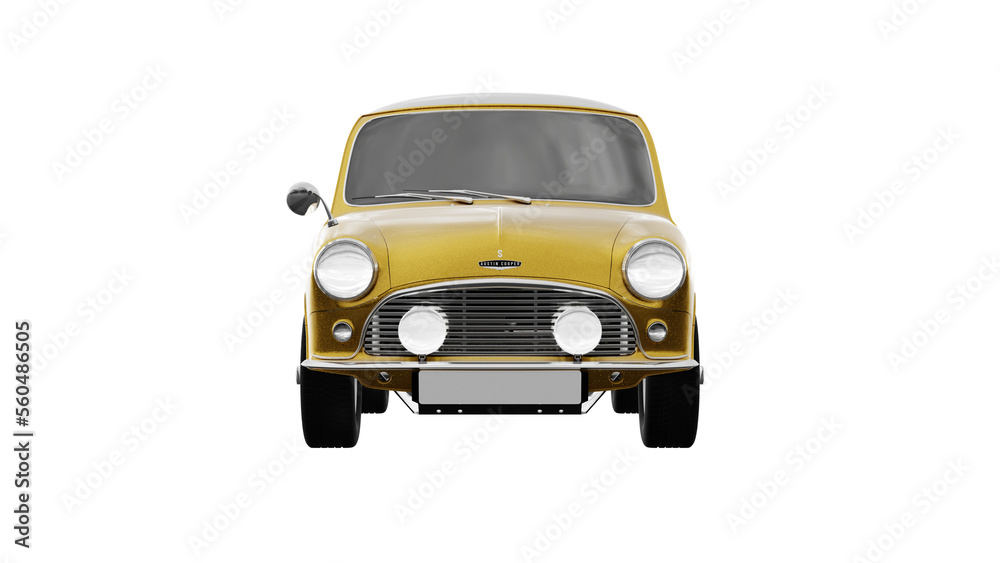 vintage YELLOW austin mini cooper s isolated on white, 3d render of old ...