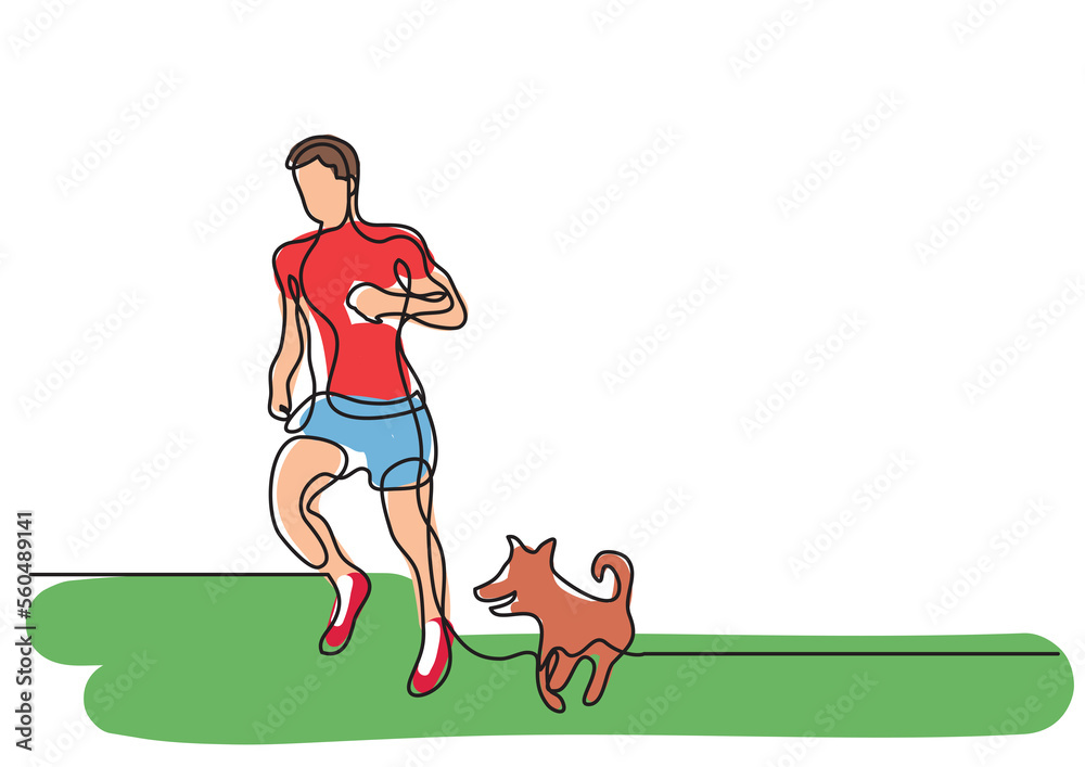 one line drawing man running with dog colored colored - PNG image with ...