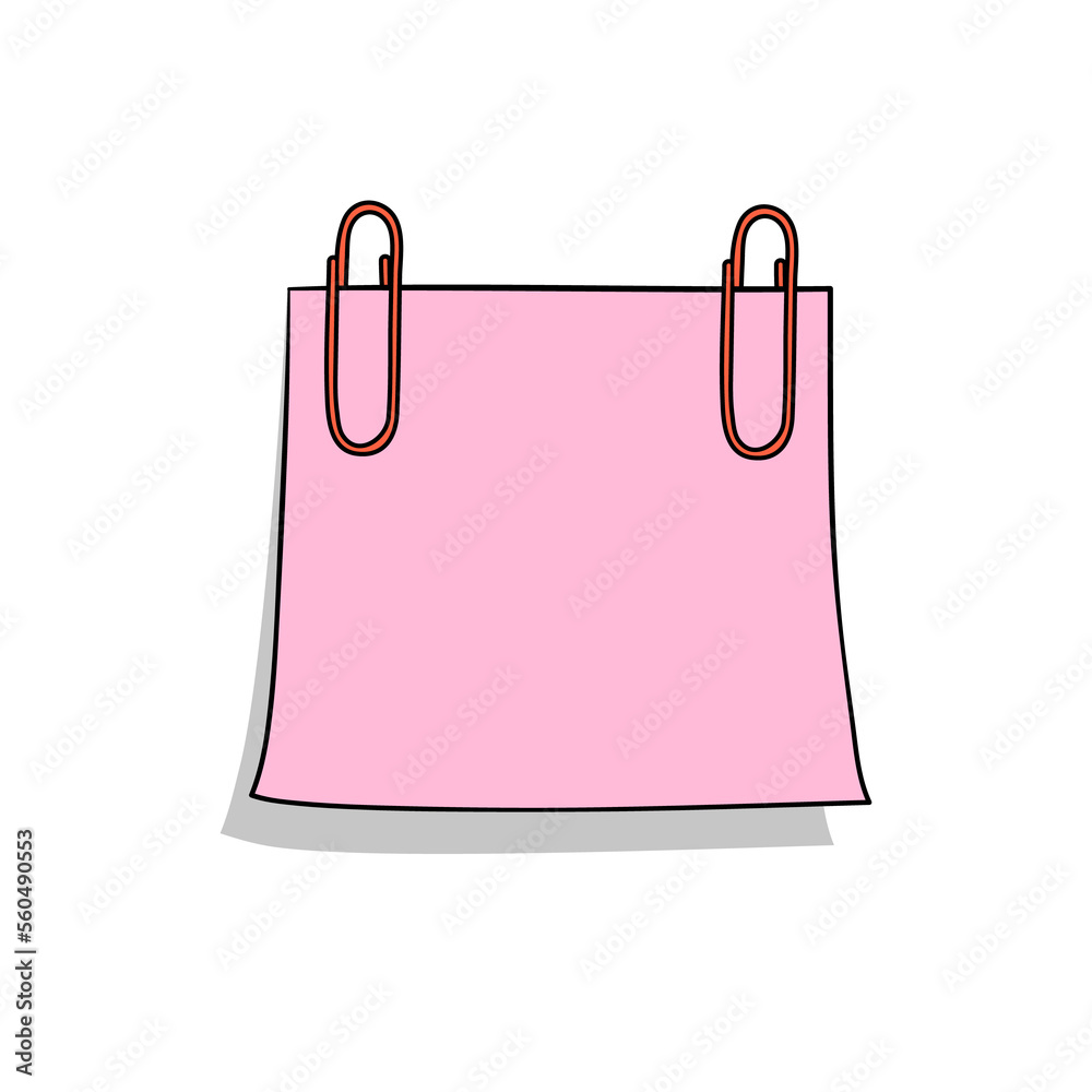 Pink cartoon note paper pinned with a clip. Hand drawn doodle notepaper ...