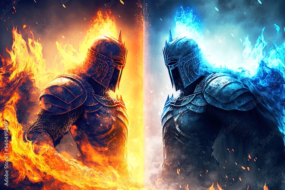 The fantasy medieval battlefield is on fire as soldiers of good and ...