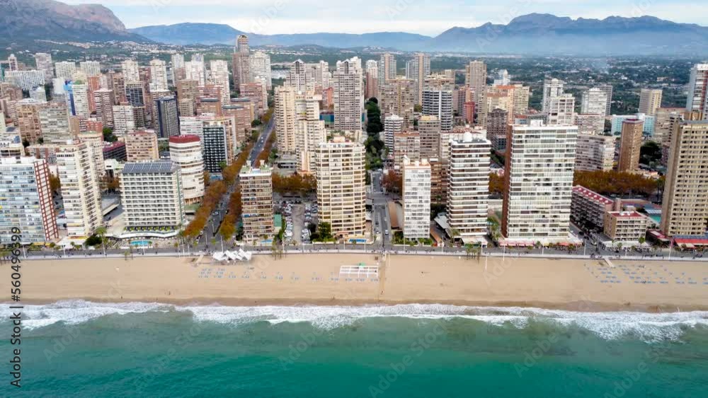 Spectacular video of Benidorm skyline. Skyscrapers and promenade in ...