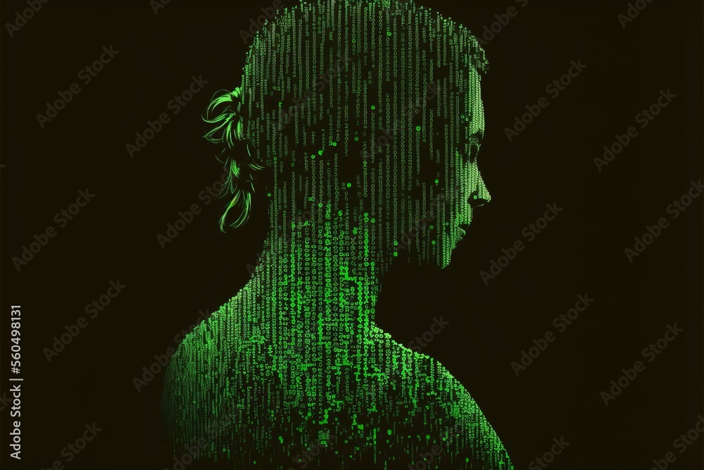 Human silhouette made from binary codes in green color. Illustration AI ...