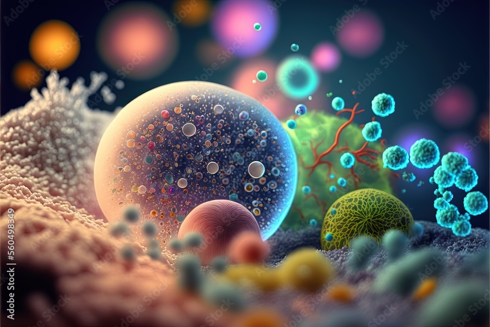 a group of different colored balls in a dark room with bubbles and ...