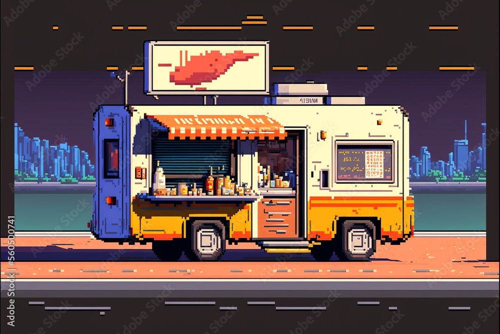 Food trailer, street, background, pixel art style. Digital illustration ...