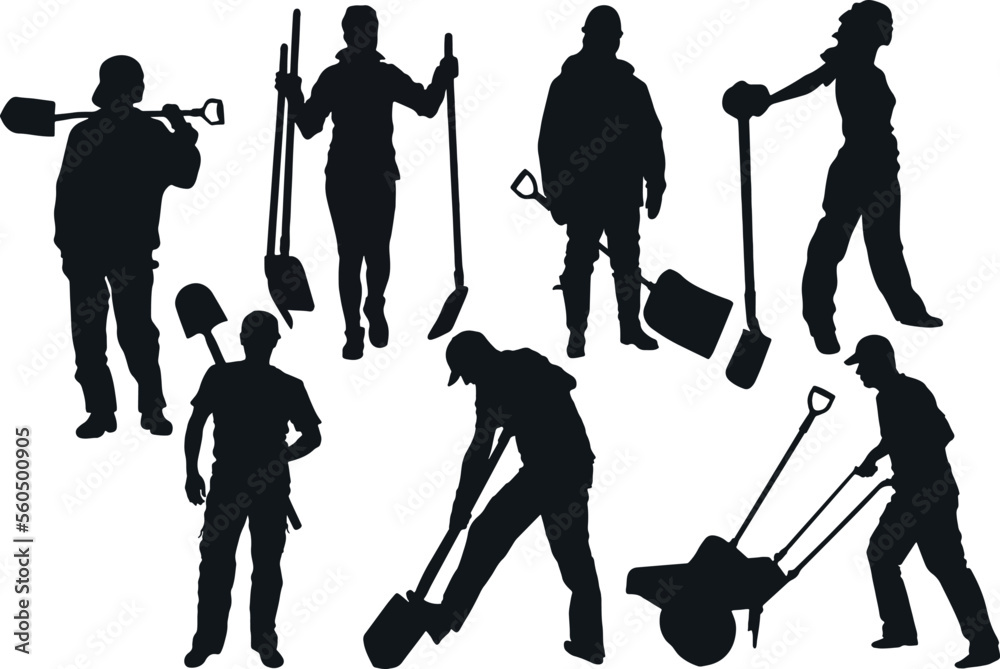 Silhouette of builders in different poses at work. People work with ... Silhouette of builders in different poses at work. People work with ...