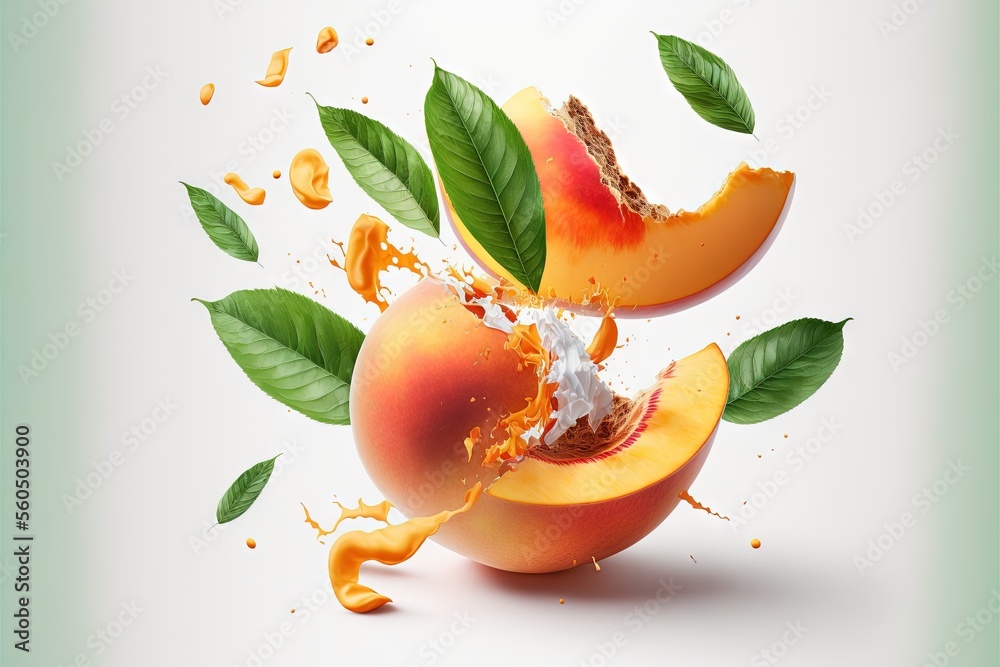 a peach with a splash of milk on it and leaves around it, on a white ... a peach with a splash of milk on it and leaves around it, on a white ...