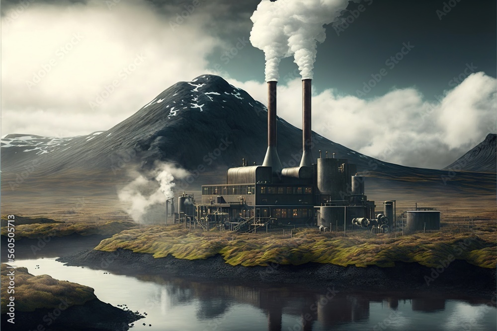 a painting of a factory with smoke coming out of it's stacks and a body ...