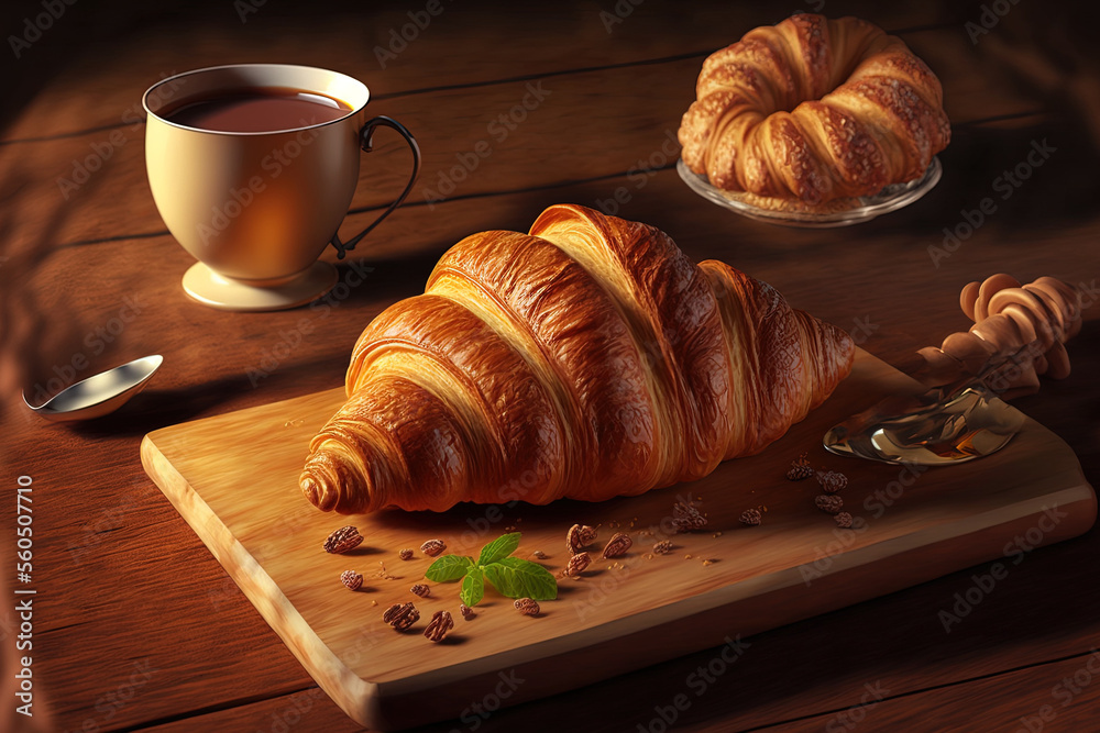 On a wooden table in a bakery, restaurant, or cafe is a fresh croissant ...