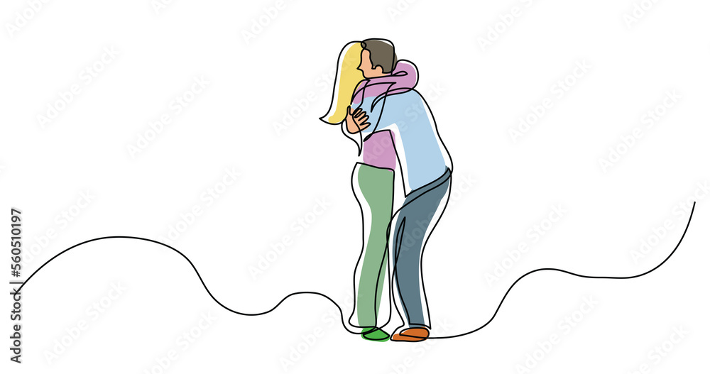 continuous line drawing of guy and girl couple hugging each other ...