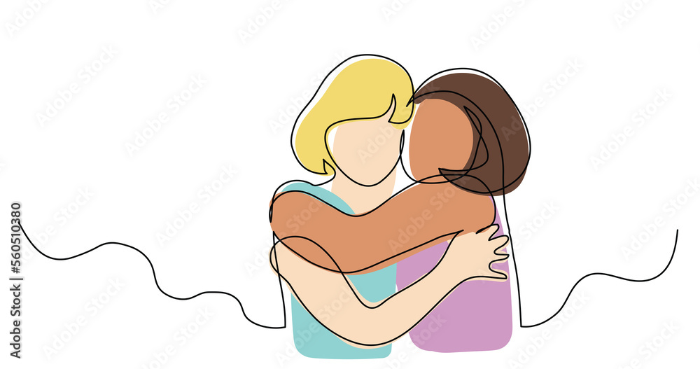 continuous line drawing of two girls hugging each other colored - PNG ...
