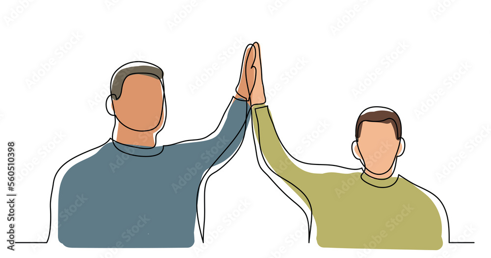 continuous line drawing of two men giving high five colored - PNG image ...