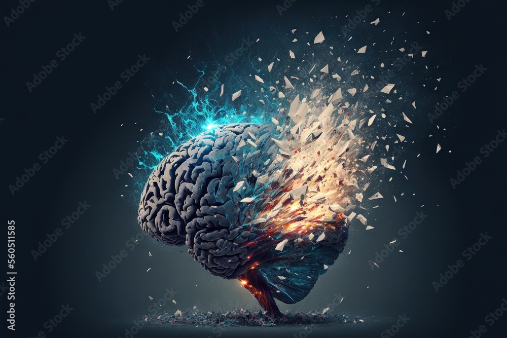 a brain exploding with a lot of exploding pieces around it and a light ...