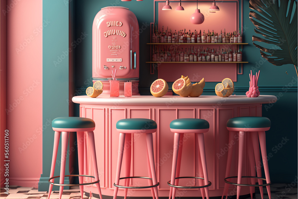 Vintage American ice cream parlour with pink stools at the bar. Pink ...