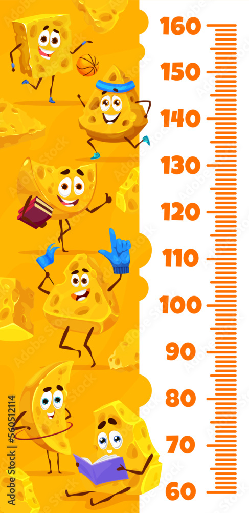 Kids height chart cartoon maasdam and gouda cheese characters. Vector ...