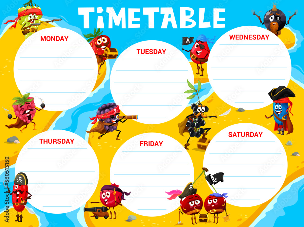 Education timetable schedule. Cartoon berry pirates and corsairs on ...