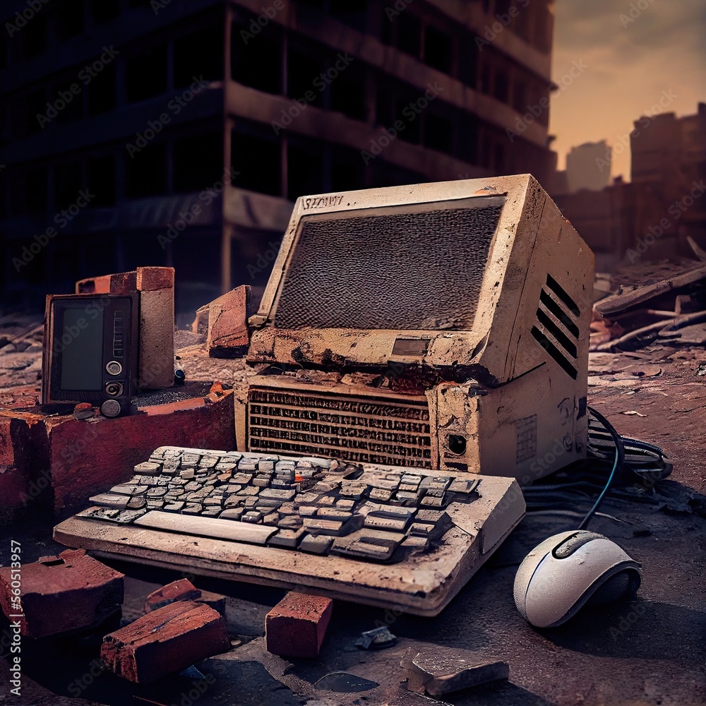 An old computer lying on the ruins of a house. A post-apocalyptic ruined city. Destroyed ...