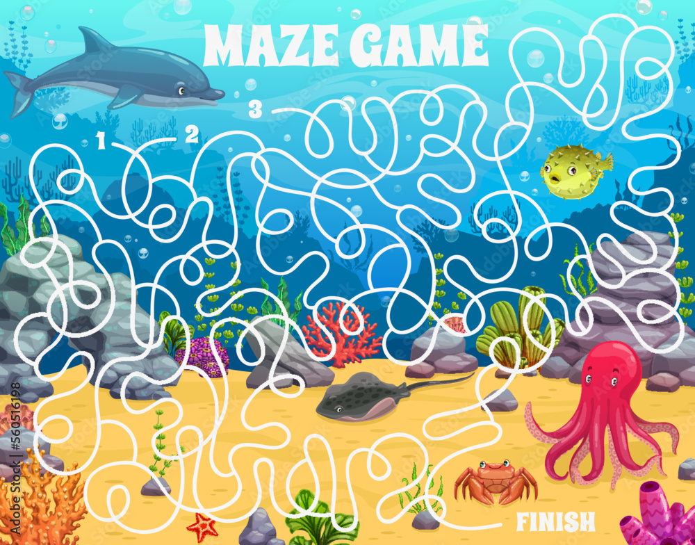 Labyrinth maze cartoon underwater landscape and animals. Kids vector ...