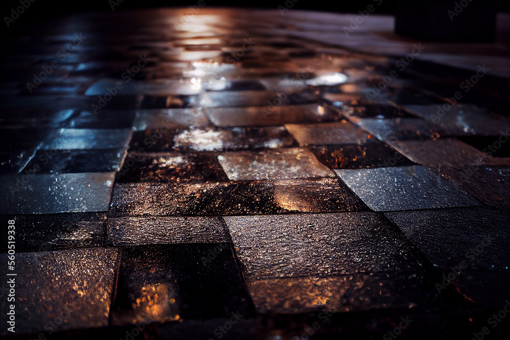Blurred night sky with puddle moonlight. Wet asphalt with paving stones ...