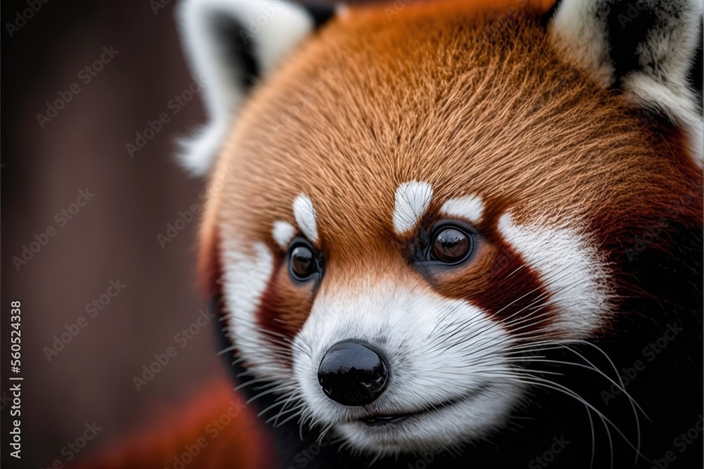 a red panda with white markings on its face and nose, looking at the ...