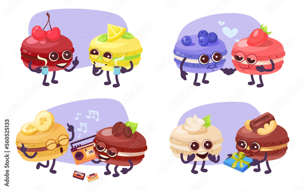 Cute comic macaroon having fun together vector illustrations set ...