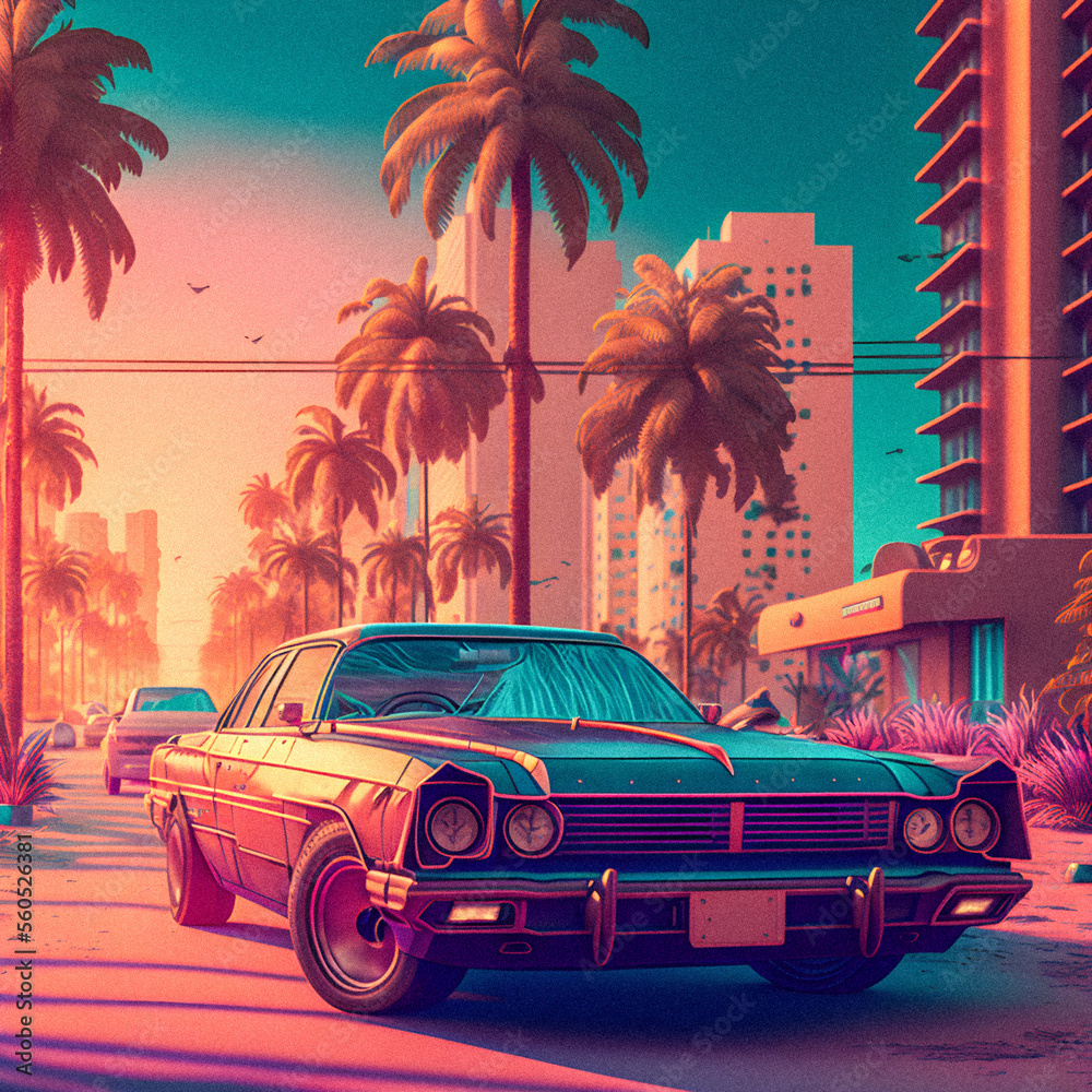 Car and Palm in 80s style, retro background, granular texture ...