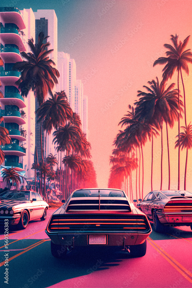 Car and Palm in 80s style, retro background, granular texture ...