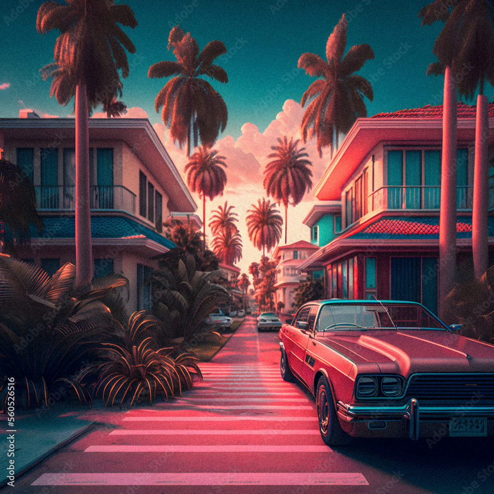 Car and Palm in 80s style, retro background, granular texture ...