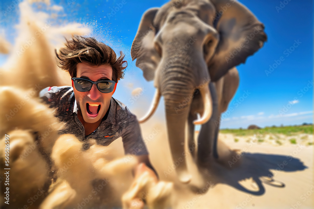 Man running away from an elephant in the savannah, Generative AI Stock ...