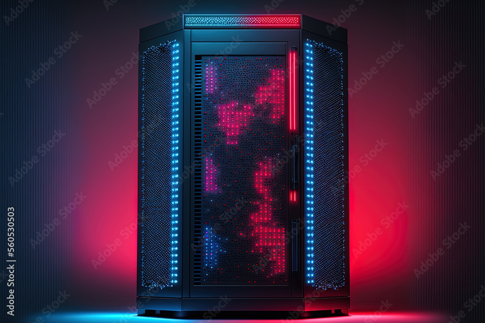 Server cupboard. Server rack is enclosed by a perforated server cabinet ...