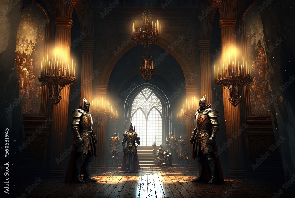 Decorated throne chamber or ballroom in a medieval castle, with armored ...