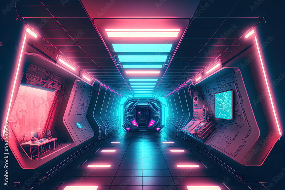 Interior of a blue and pink spaceship with an illuminated projector ...