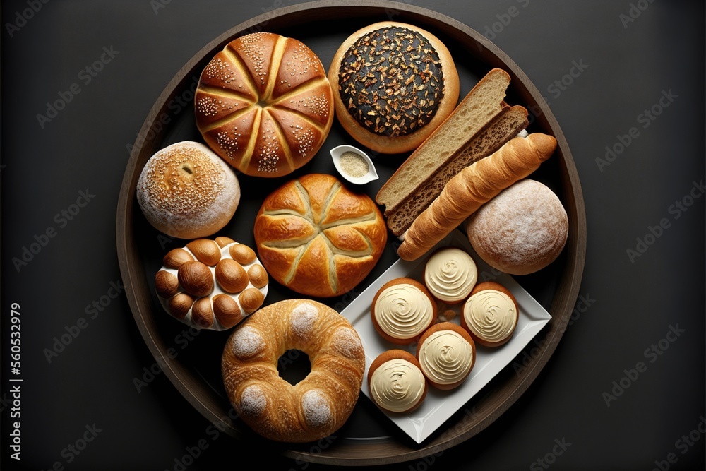 a plate of different types of bread and pastries on a table top, with a ...