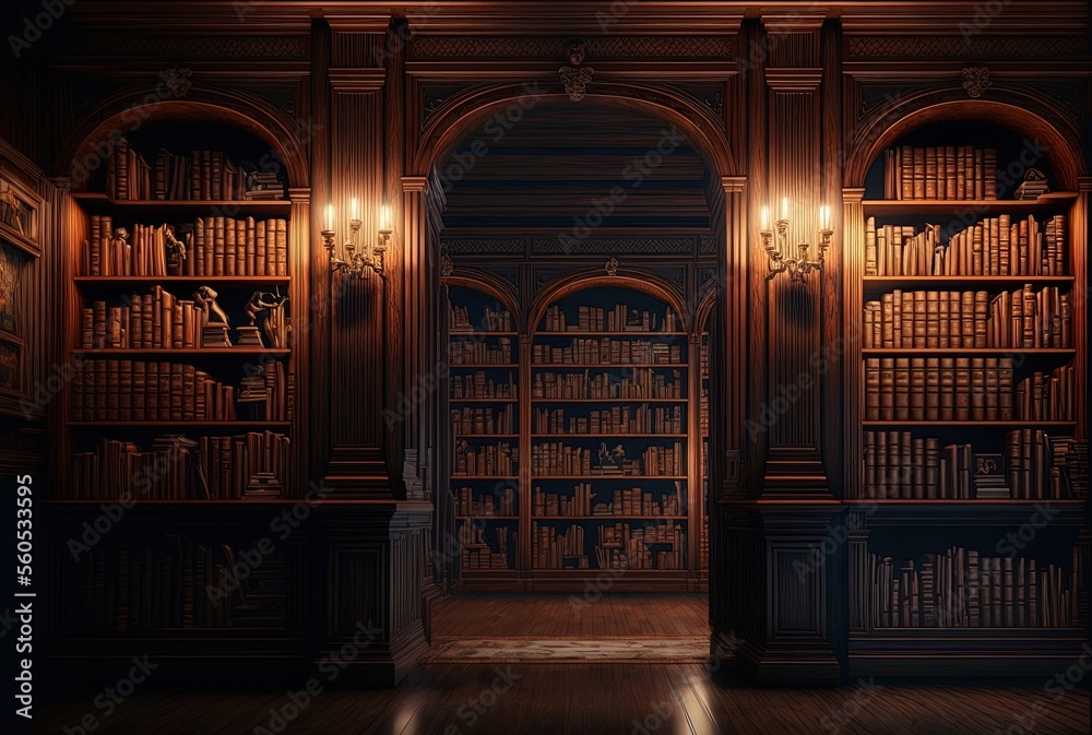 An elegant, antique library at night, with the lights off and the place ...