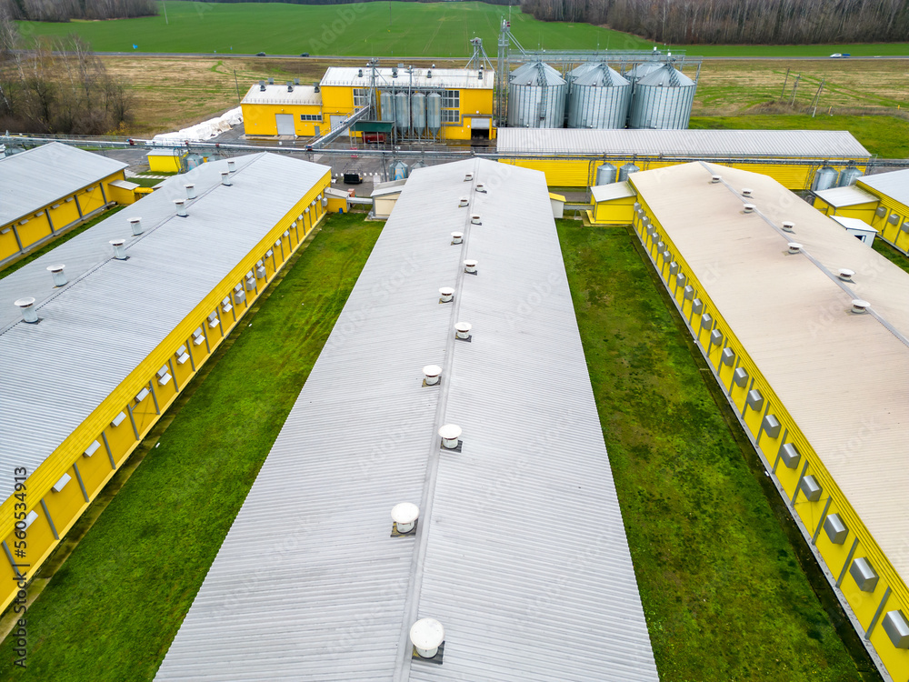 Modern agro-industrial complex top view. Flying a drone over a large ...