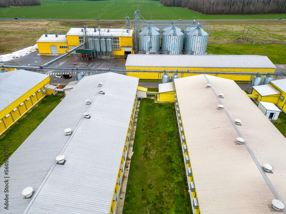 Modern agro-industrial complex top view. Flying a drone over a large ...