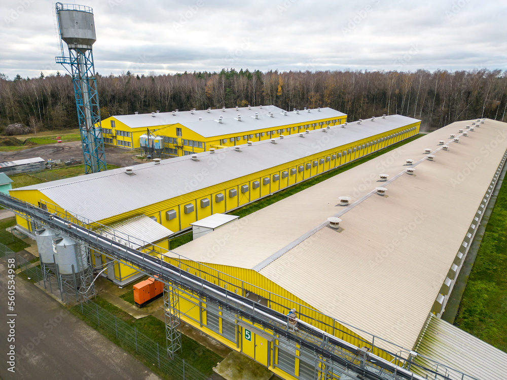 Modern agro-industrial complex top view. Flying a drone over a large ...