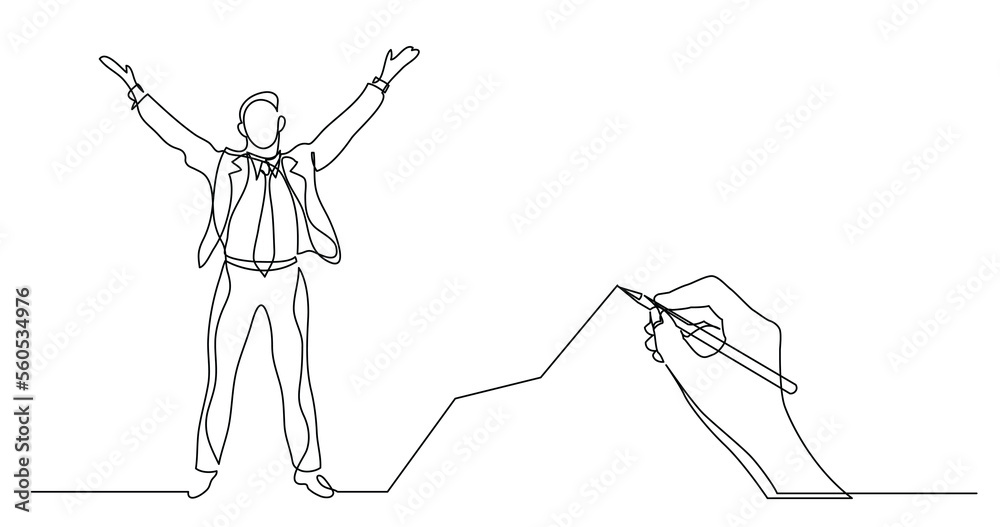 hand drawing business concept sketch of happy man with rising chart ...
