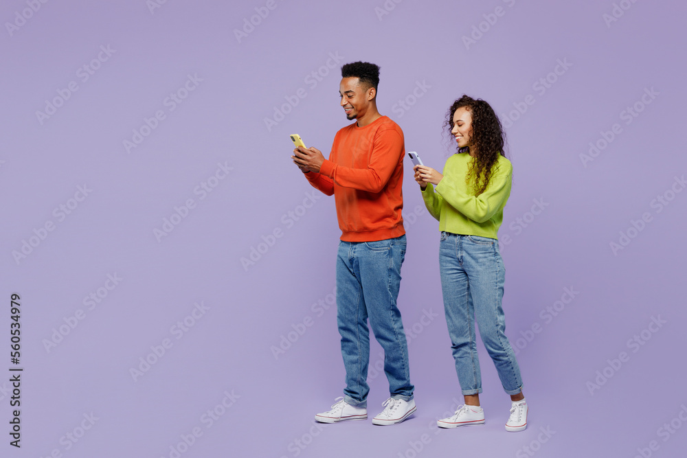 Full body side view young couple two friends family man woman of ...