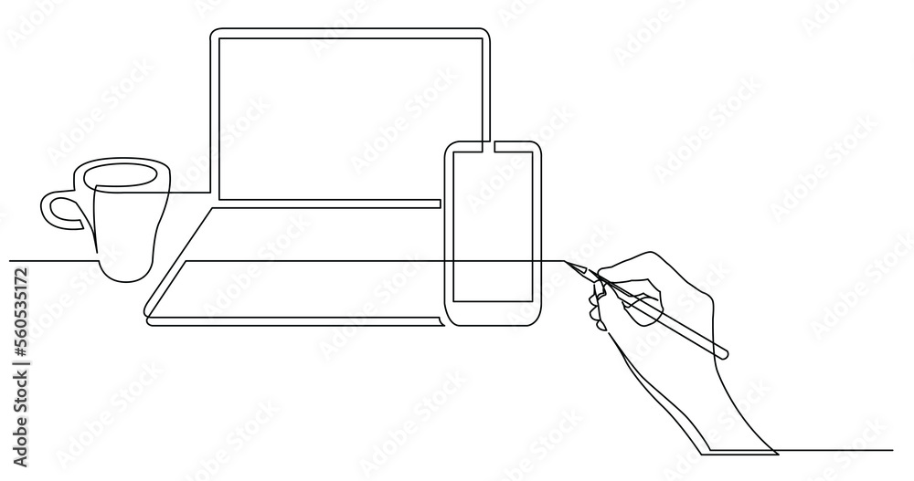 hand drawing business concept sketch of laptop computer mobile phone ...