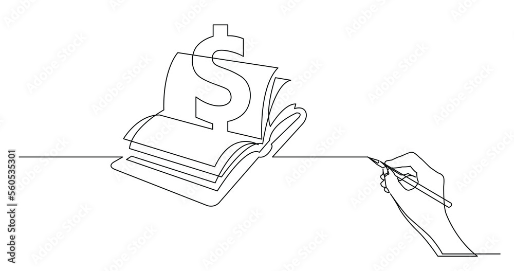 hand drawing business concept sketch of open notebook with dollar sign ...