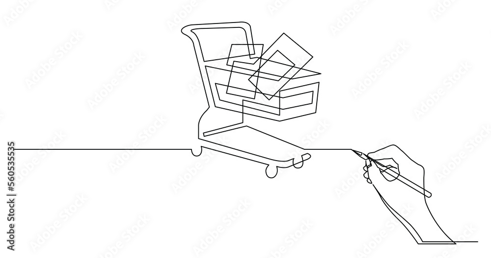 hand drawing business concept sketch of shopping cart with products ...