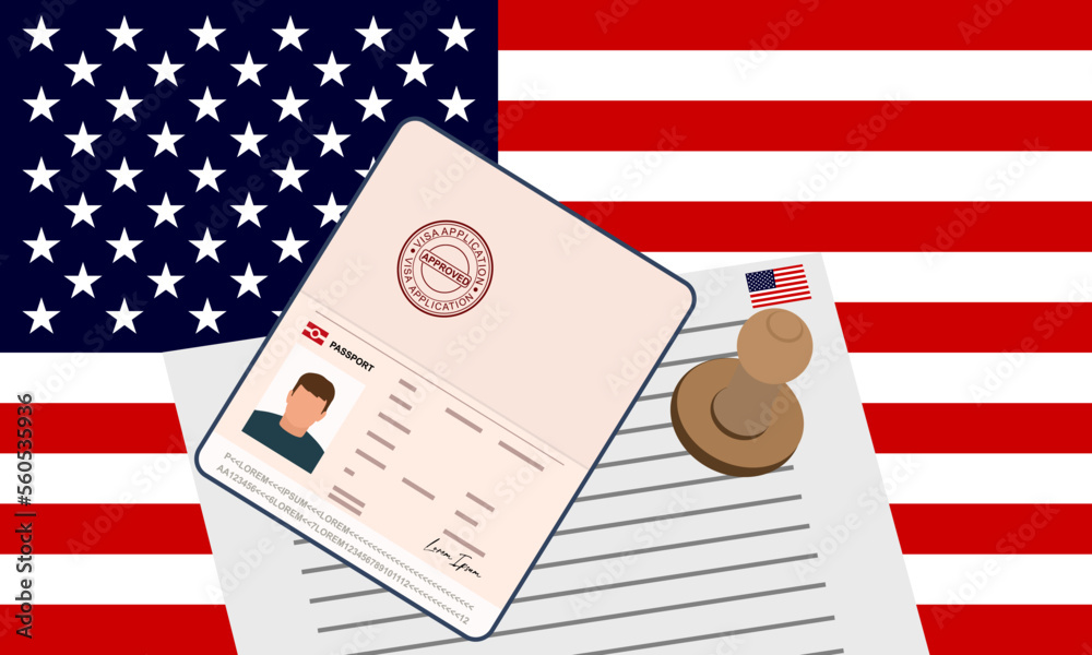 United States visa, open stamped passport with visa approved document ...