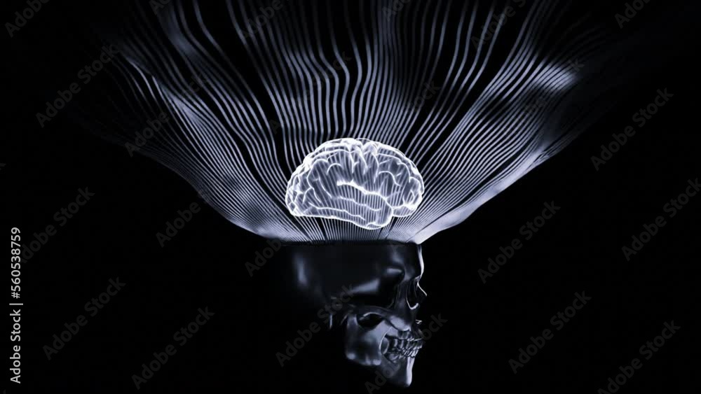 3D animation of glowing brain. Design. Stylish glowing skull with brain ...